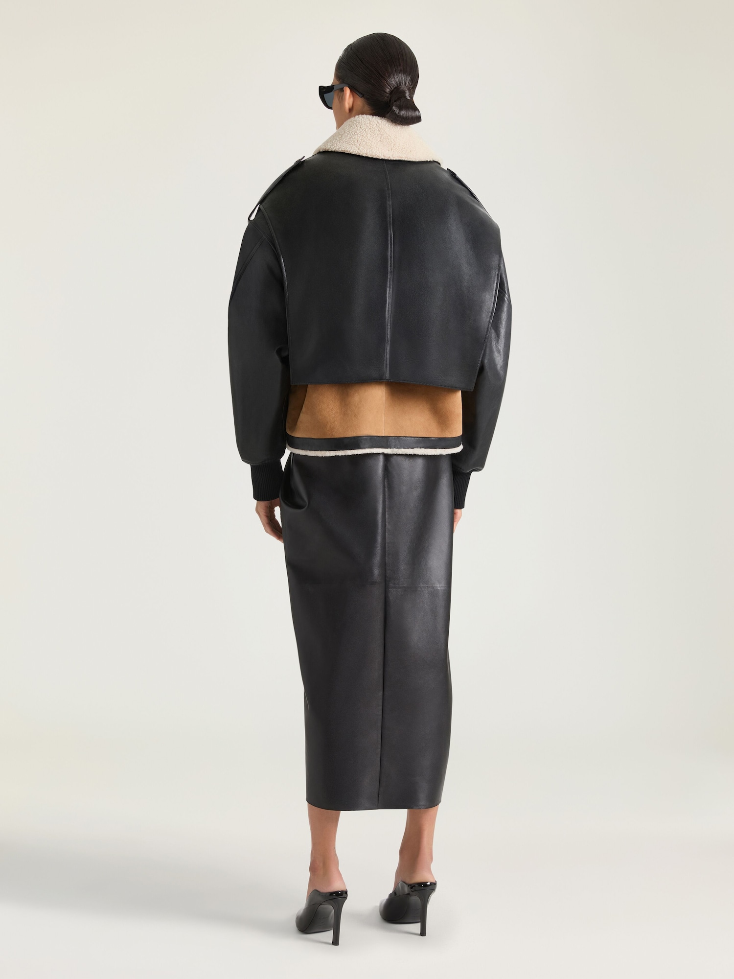 Cropped aviator jacket in leather and shearling - black in - black ...