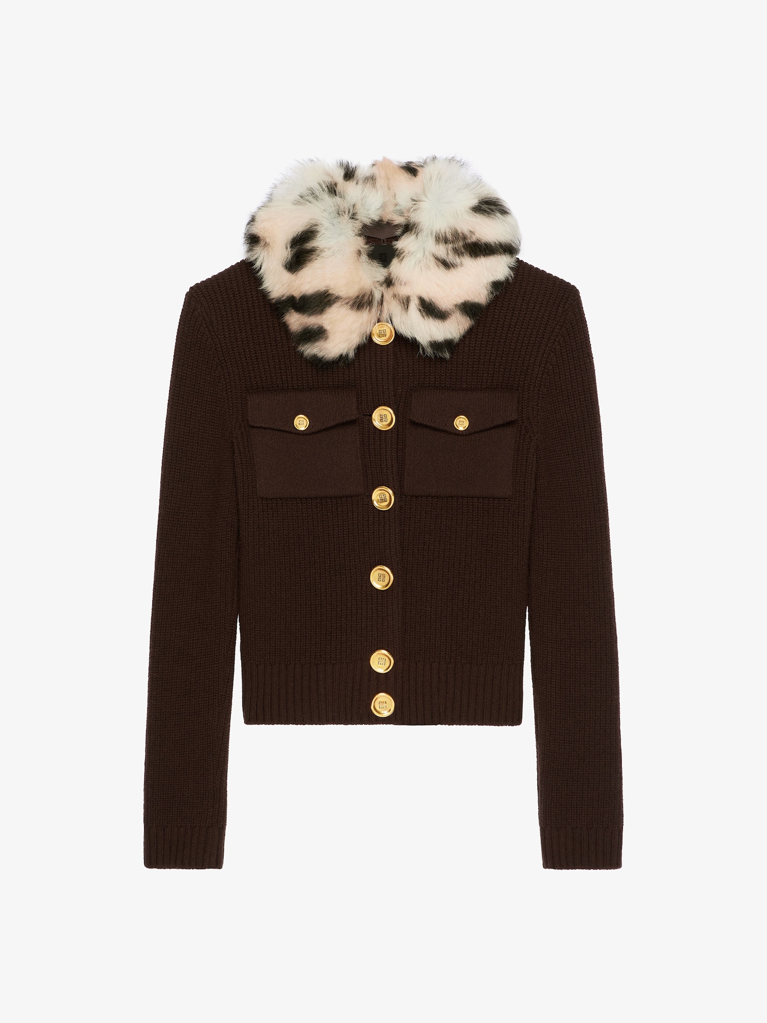 Cardigan in wool and cashmere with fur collar in - russet brown ...