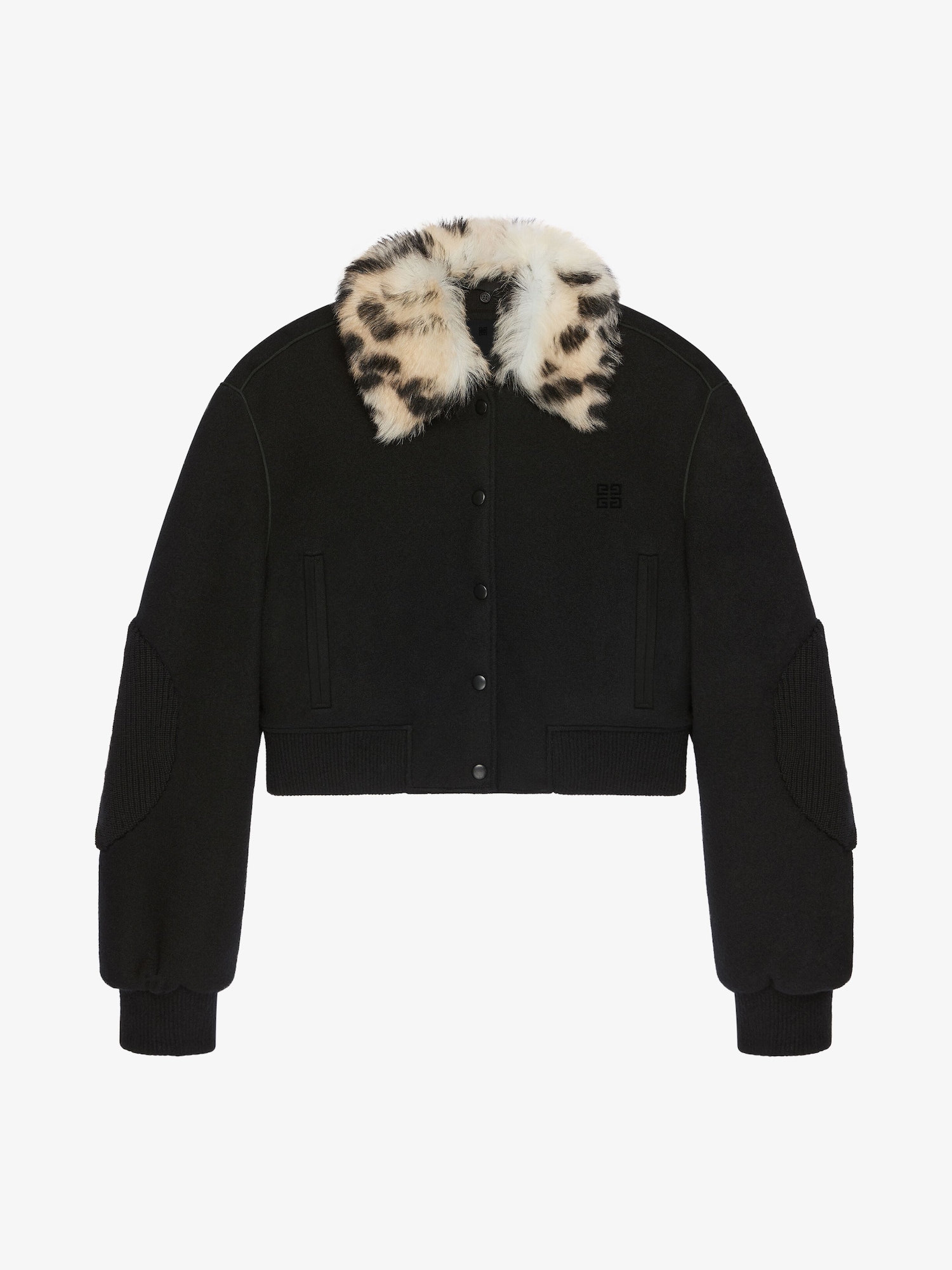 Cropped varsity jacket in wool and leopard print fur in - black ...