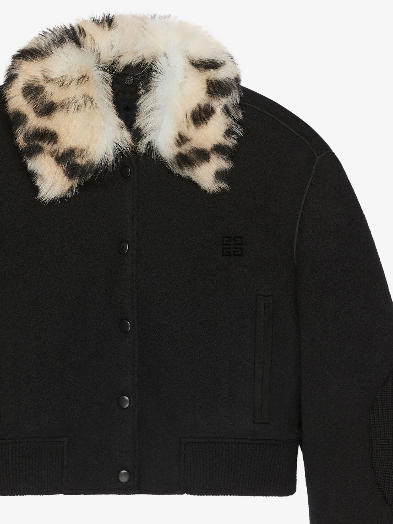 Cropped varsity jacket in wool and leopard print fur in - black ...