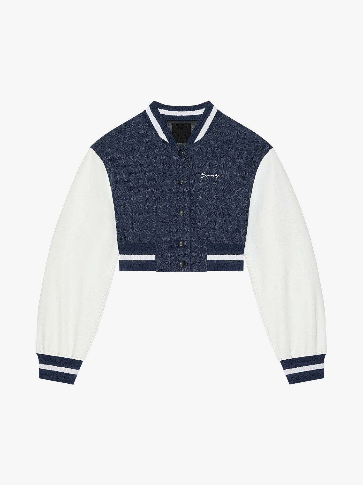 Cropped varsity jacket in monogram 72 denim and leather in - navy/white | Givenchy US